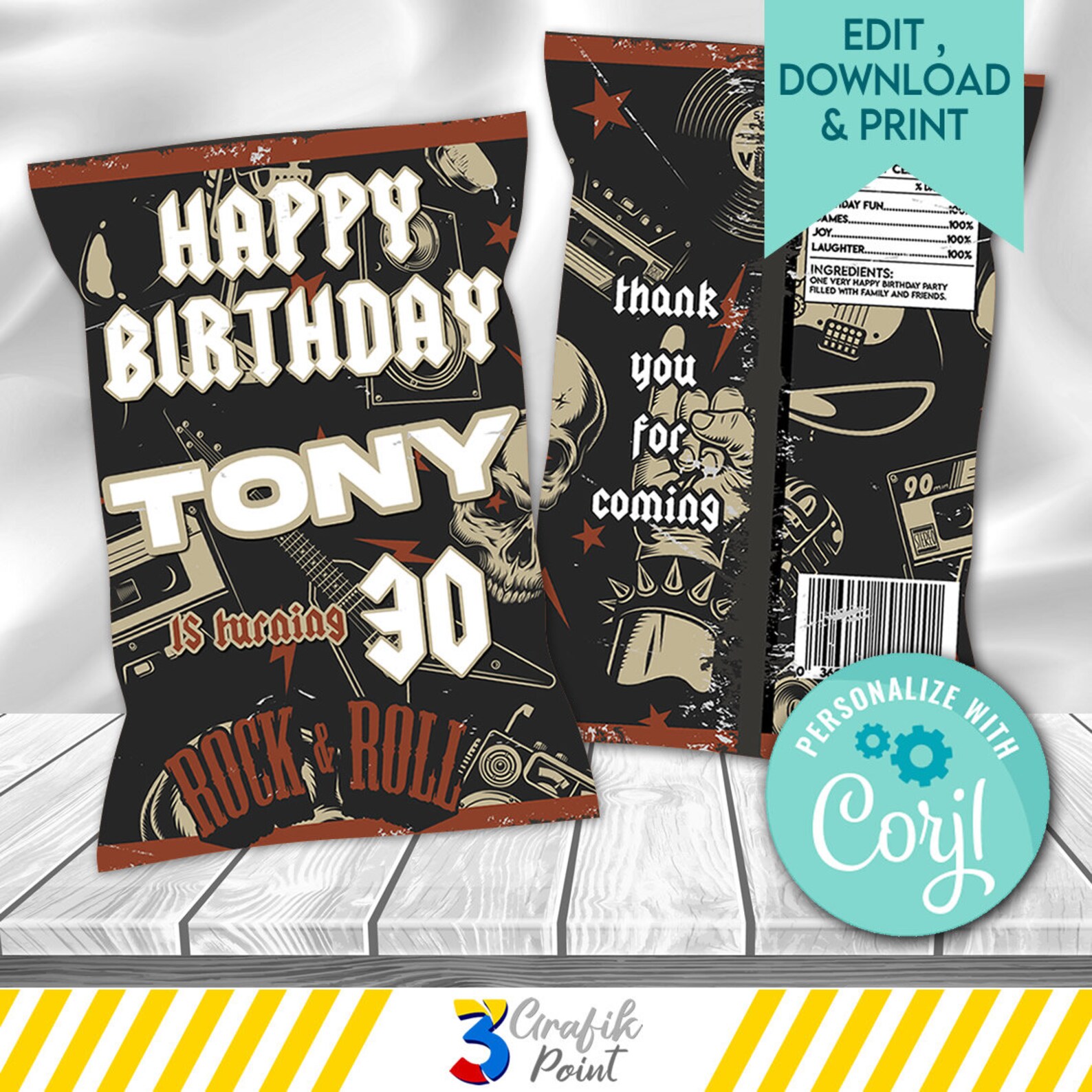 Editable Template Rock and Roll Party, Rock 'n' Roll Chip Bag, Rock ...