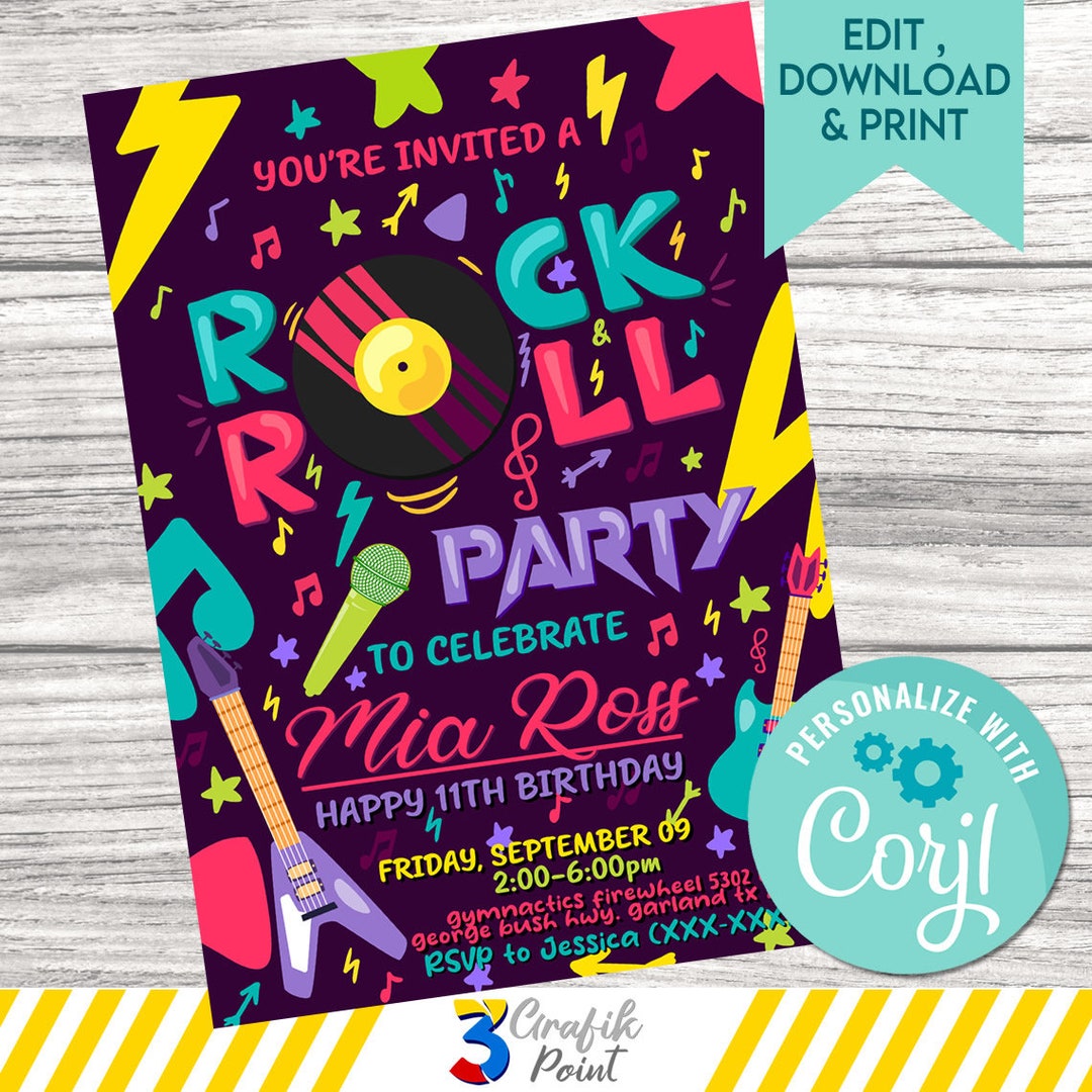 Editable Template Rock and Roll Party Invitation, Rock 'n' Roll ...