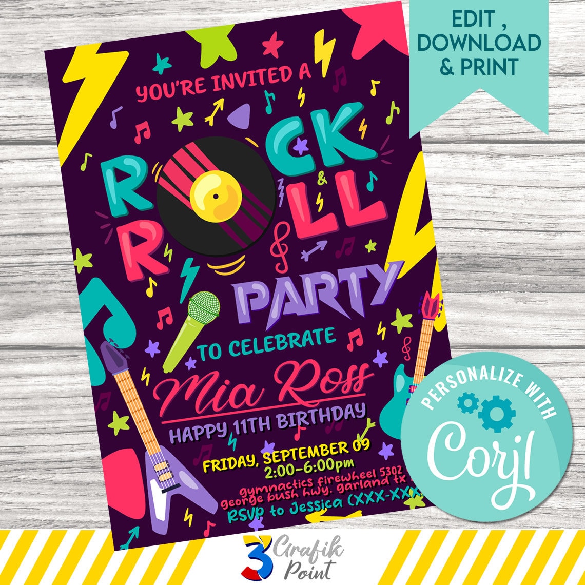 Editable Template Rock and Roll Party Invitation, Rock 'n' Roll ...