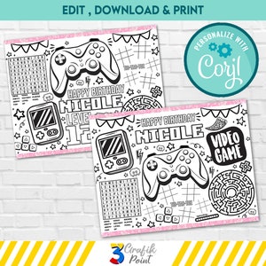 Editable Gamer Party Placemat for Birthdays With Favor Bag and Video ...
