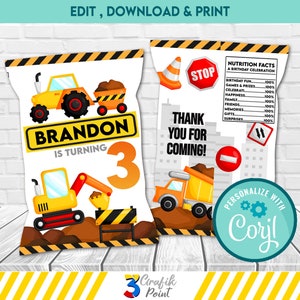 3 Pack Construction Truck Chip Bag Template Construction Birthday ...