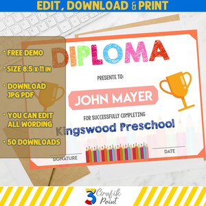 Editable Kindergarten Award Certificate, Kindergarten Diploma, Editable ...