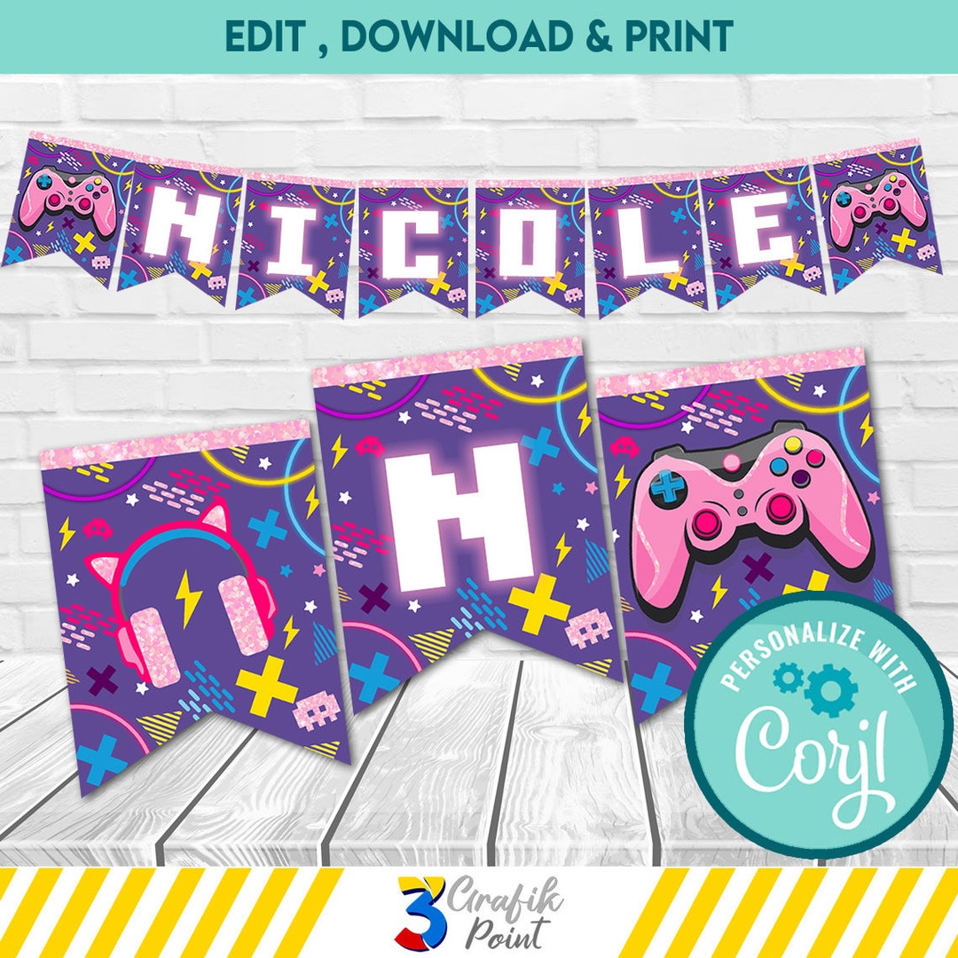 Editable Gamer Party Banner Template for Birthdays With Favor Bag and ...