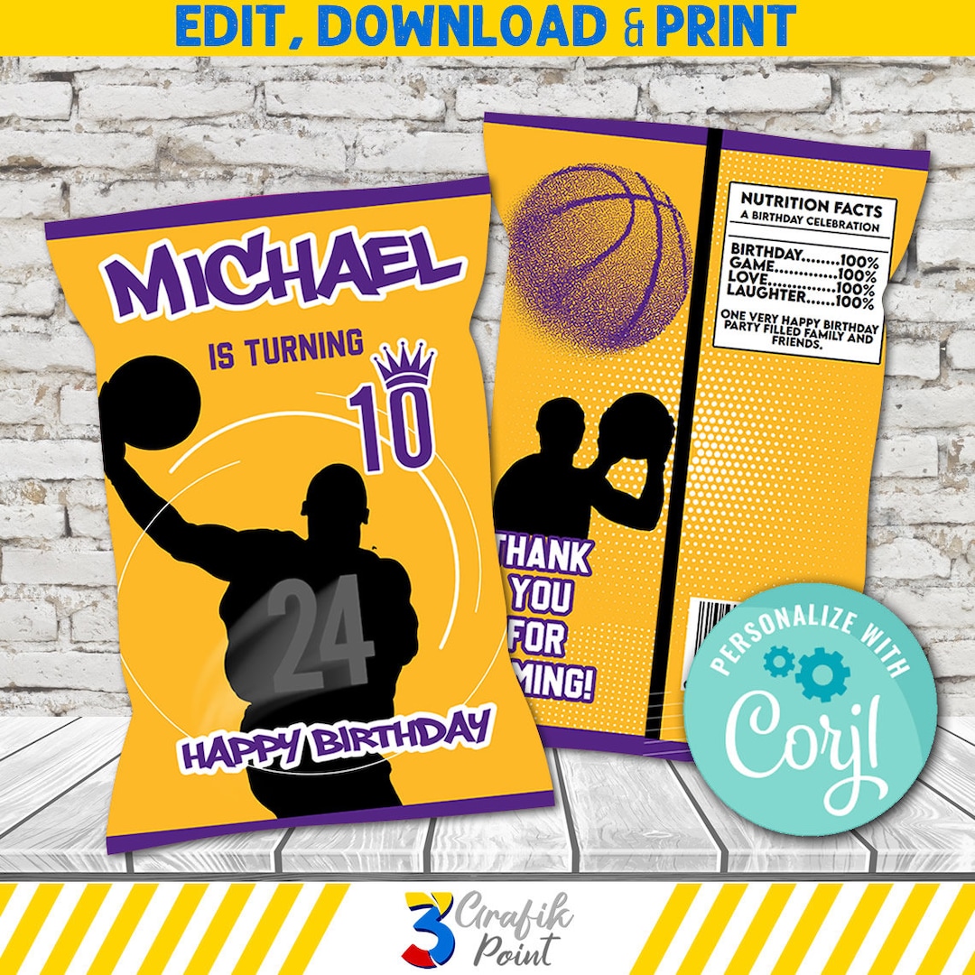 Editable Basketball Chip Bag, Sport Chip Bag, Basketball Topper ...