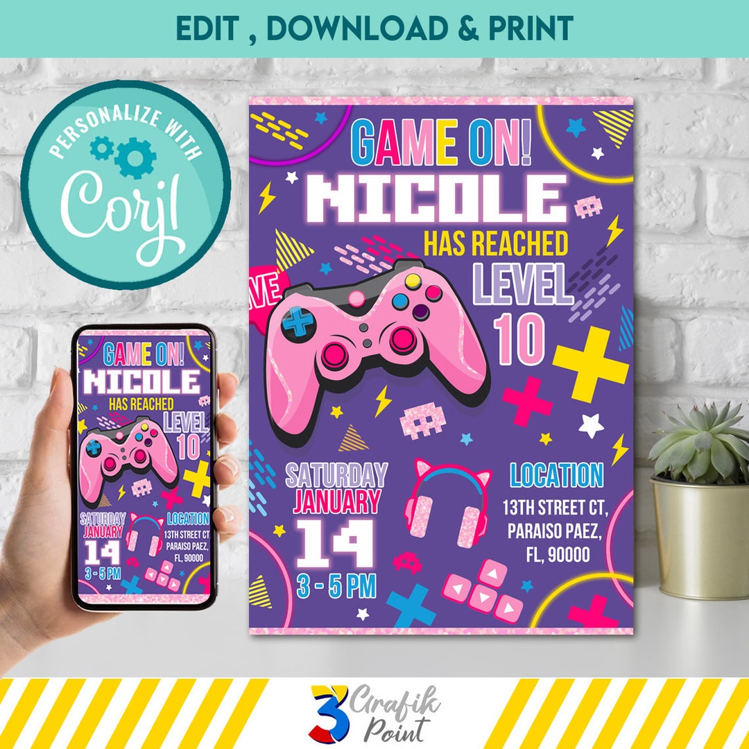 Editable Gamer Party Invitation Template for Birthdays With Favor Bag ...