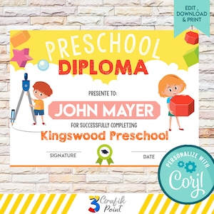 Editable Preschool Award Certificate, Preschool Diploma, Editable Award ...