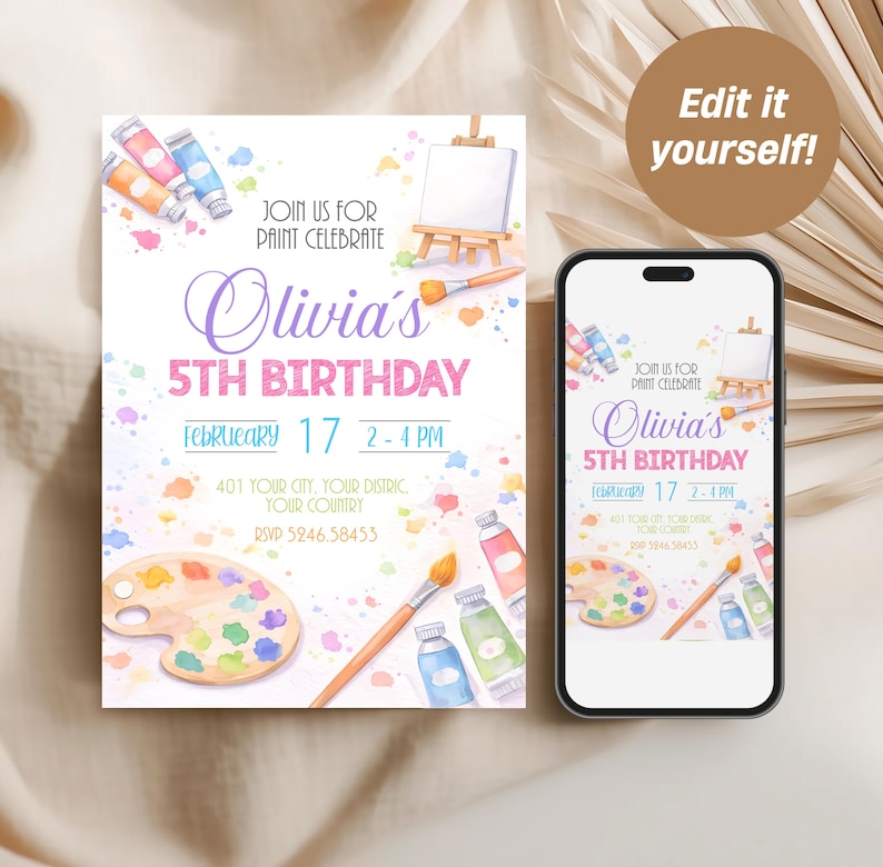 Editable Art Birthday Invitation, Painting Party Invite, Watercolor ...
