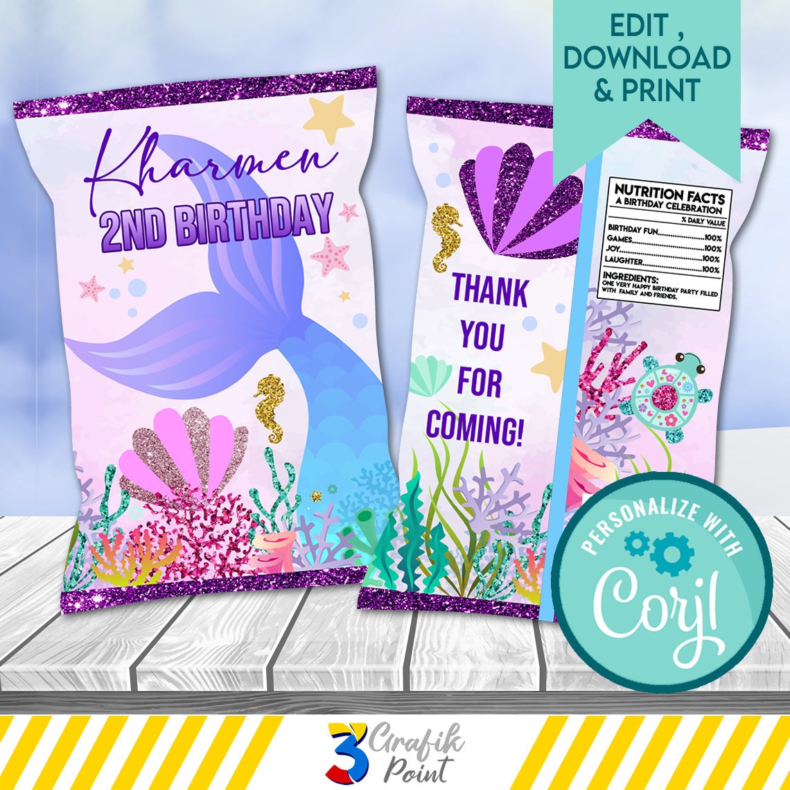 Editable Mermaid Chip Bag Little Mermaid Snacks Treat Bags - Etsy