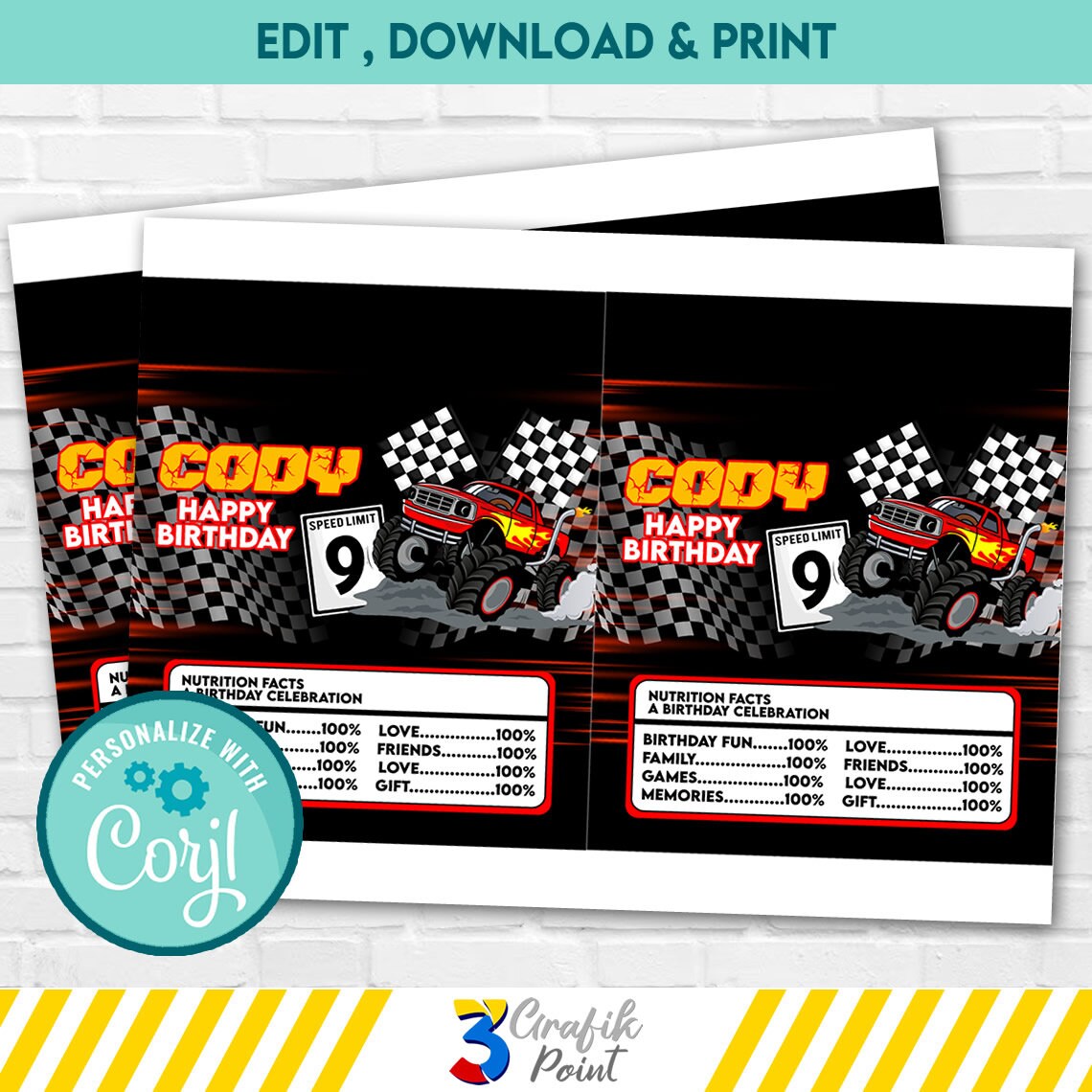 Monster Truck Birthday Candy Wrapper: Monster Jam Party (digital ...