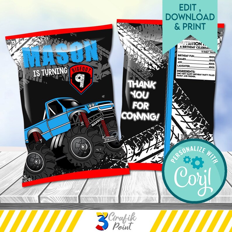 Monster Truck Birthday Chip Bag – Monster Jam Favor (digital) - Etsy