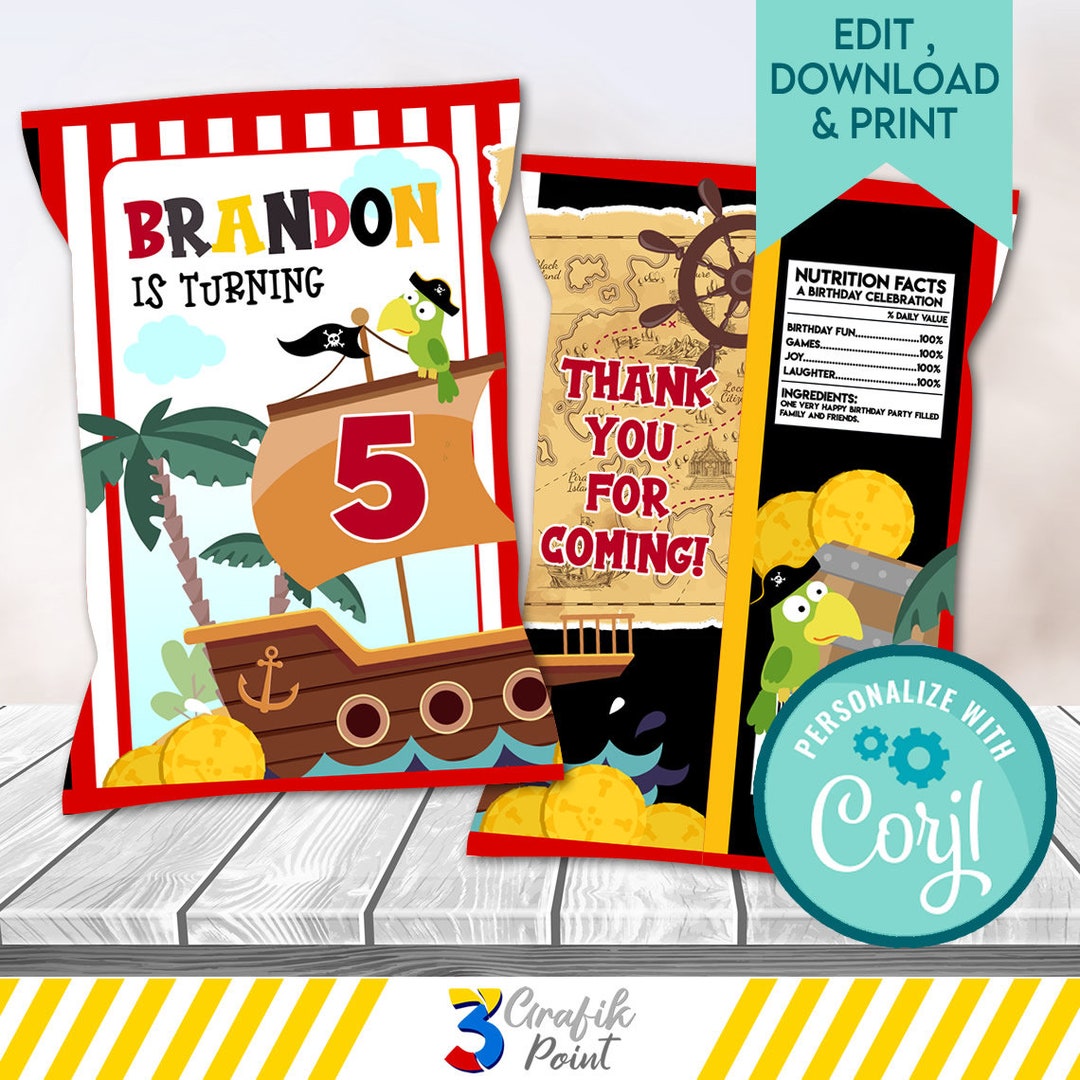 Editable Pirate Chip Bag Template, Pirate Birthday Favor, Treasure Map ...