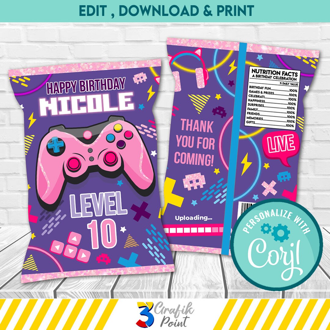 Editable Gamer Party Chip Bag Template for Birthdays With Favor Bag and ...