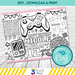Editable Gamer Party Placemat for Birthdays With Favor Bag and Video ...