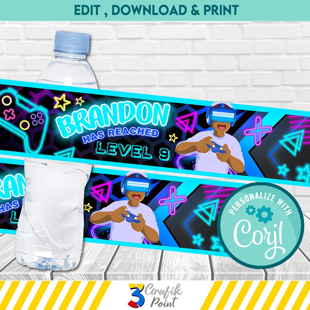 Virtual Reality Water Bottle Label Template for Gamer Birthdays and VR ...