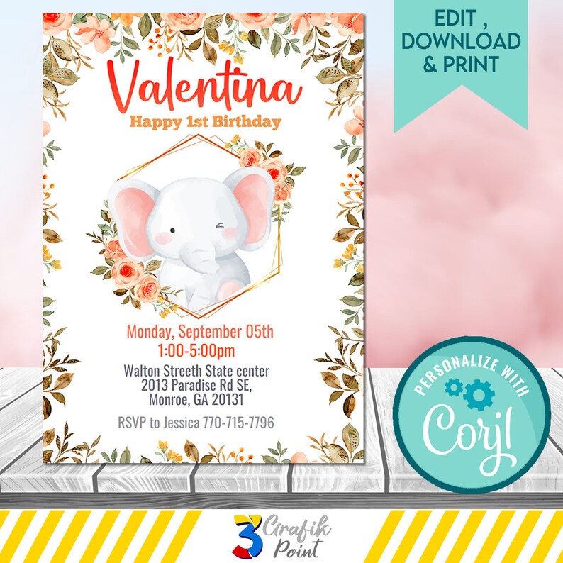 Pink Elephant Birthday Invitation Template: Watercolor Floral (digital ...