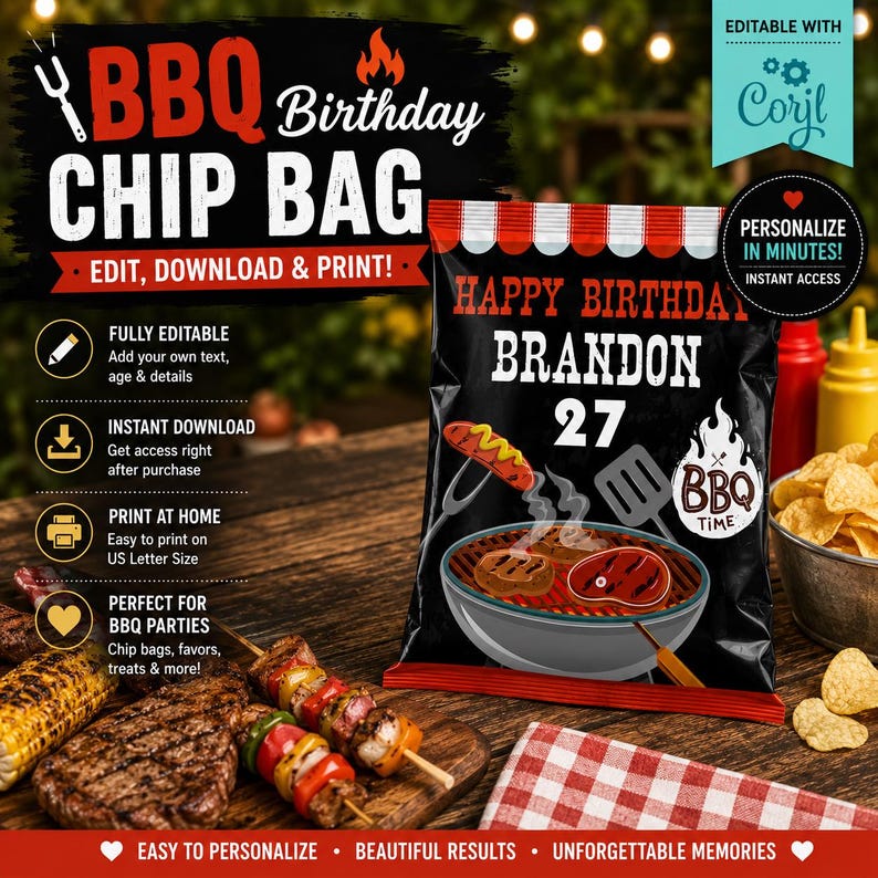 Editable BBQ Chip Bag Template: Backyard Cookout Party Favor (corjl ...