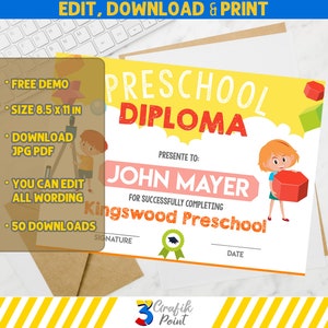 Editable Preschool Award Certificate, Preschool Diploma, Editable Award ...