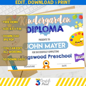 Editable Kindergarten Award Certificate, Kindergarten Diploma, Editable ...