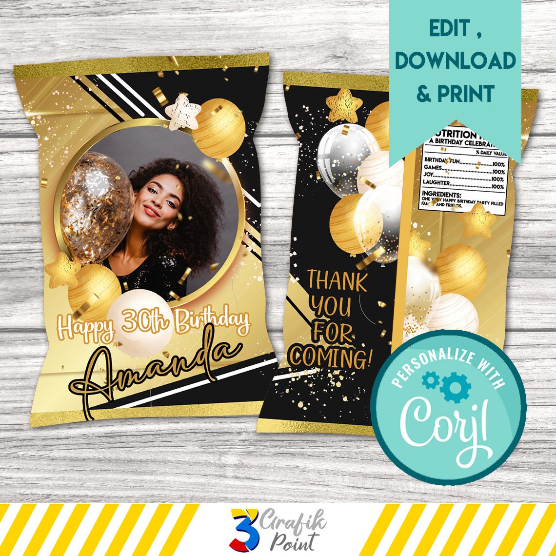 Gold Black Chip Bag Gold Black Happy Birthday Golden - Etsy