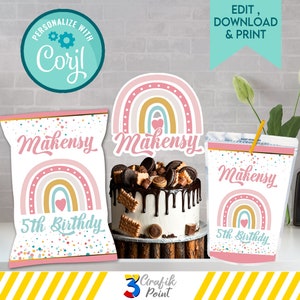 Editable Boho Rainbow Party Bundle, Rainbow Birthday Chip Bag, Cake ...