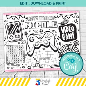 Editable Gamer Party Placemat for Birthdays With Favor Bag and Video ...