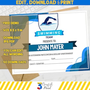 Editable Swimming Award Certificate, Swimming Awards, Editable Award ...