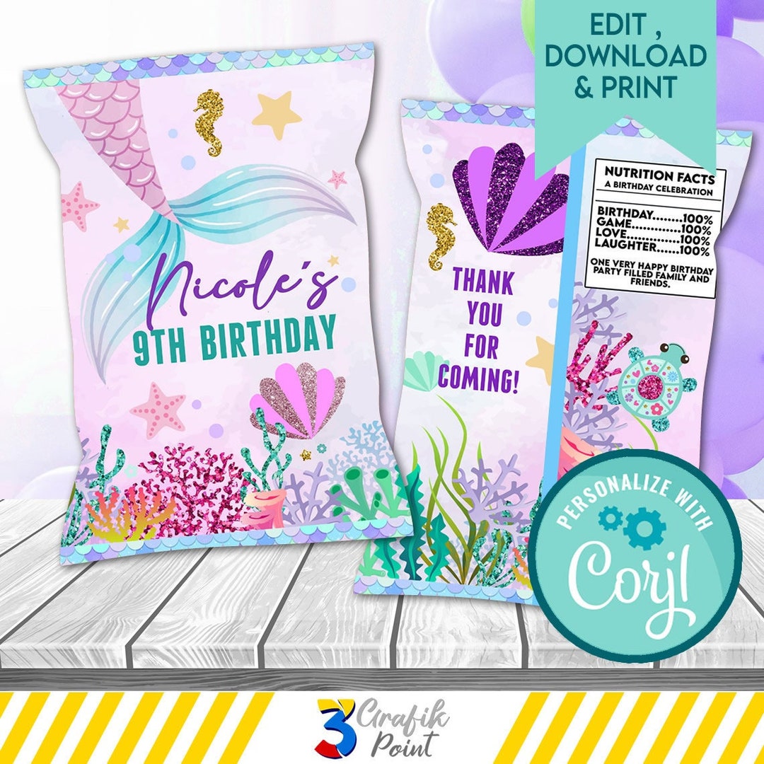 Editable Mermaid Chip Bag , Little Mermaid Snacks Treat Bags , Mermaid ...