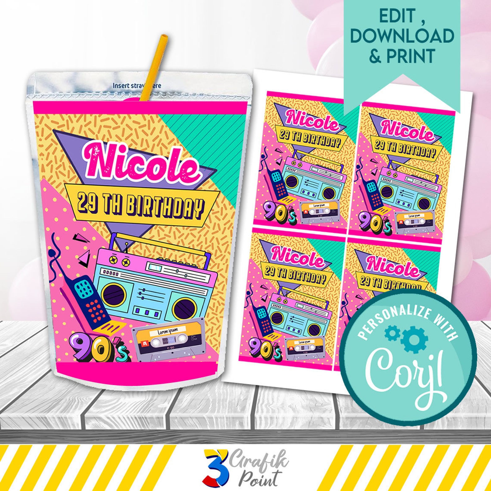 Editable Template 90s Party Juice Label Love the 90s Retro - Etsy
