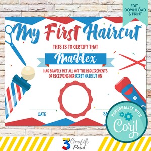Editable Haircut Award Certificate, 1st Haircut Certificate, Editable ...