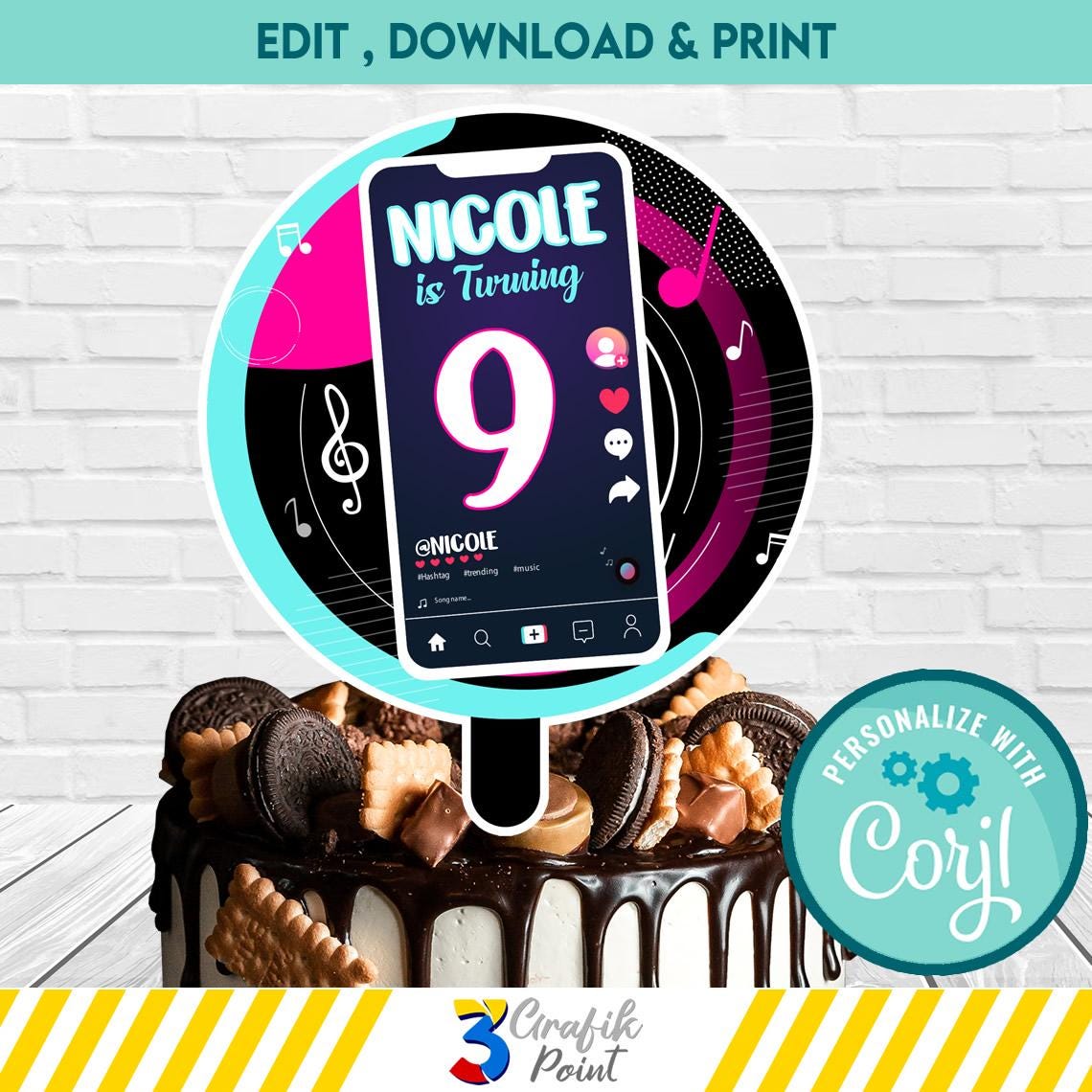 Editable Music Cake Topper: Dance Party Printable (corjl Template, PDF ...