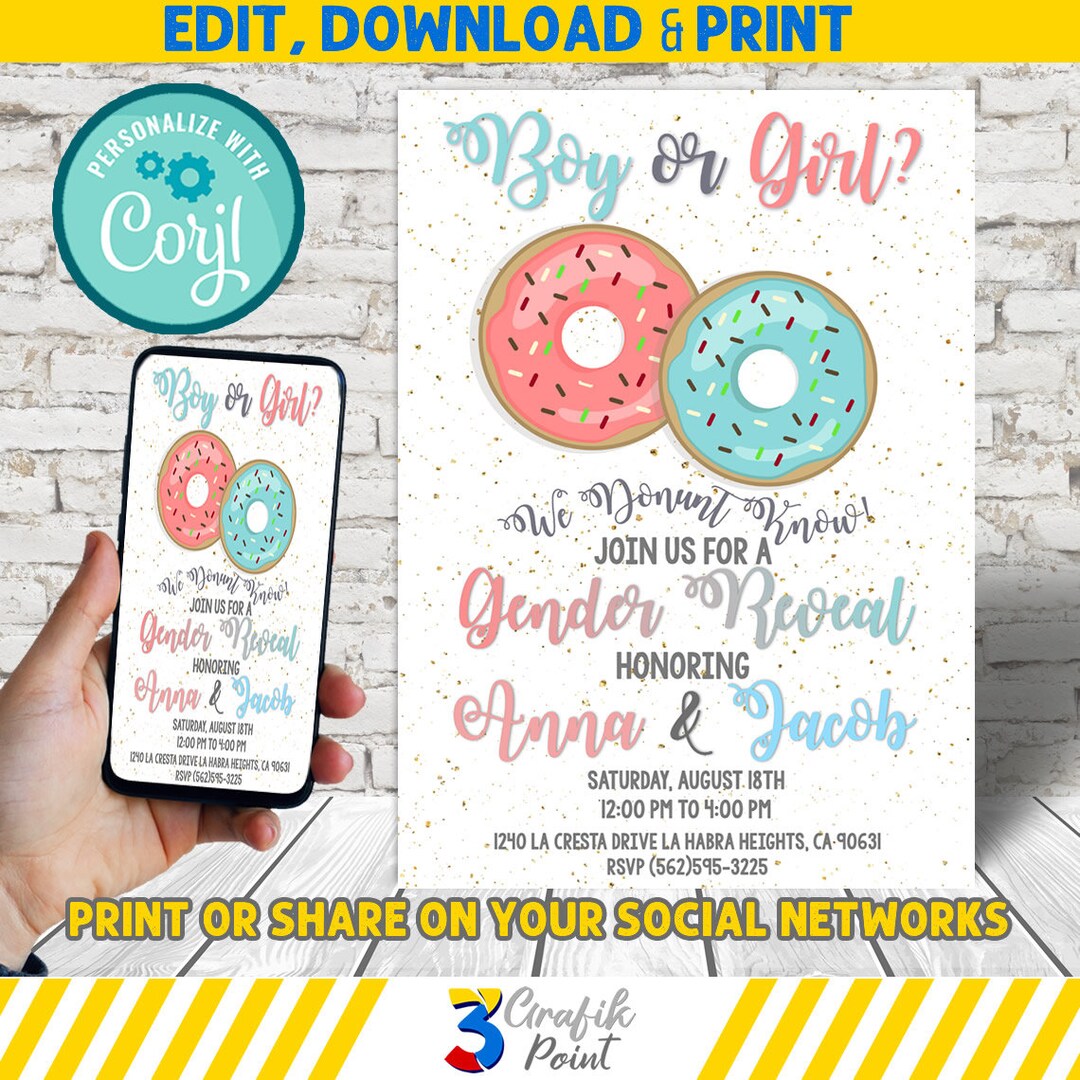 Editable Donut Gender Reveal Invitation: Boy or Girl Party (digital ...