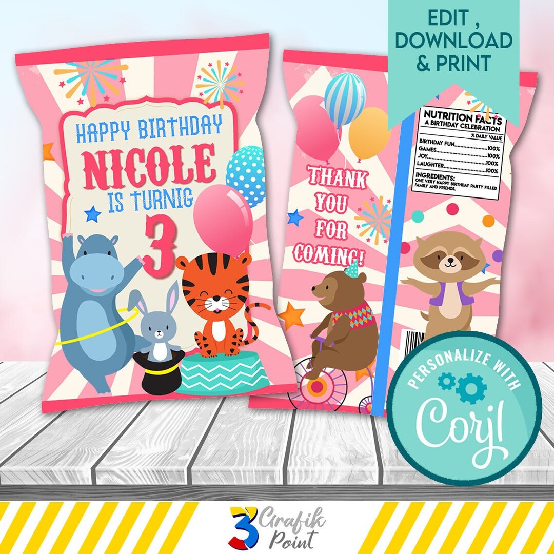 Editable Circus Chip Bag , Circus Snacks Treat Bags , Circus Treat Bag ...