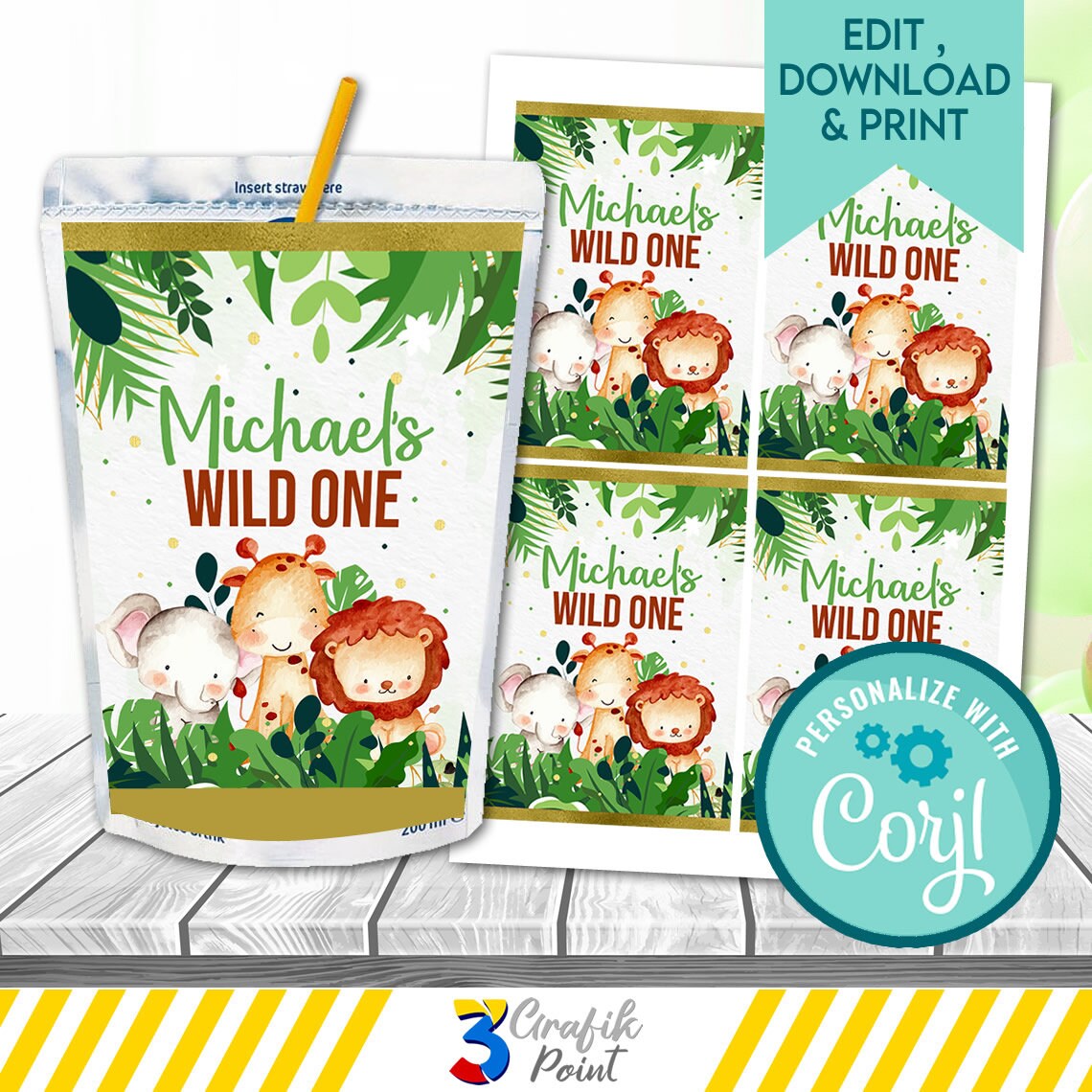 Editable Safari Capri Sun Label, Jungle Capri Sun, Safari Baby Shower ...
