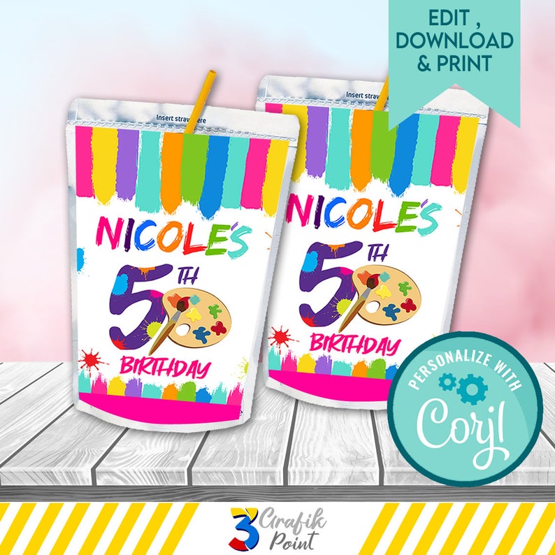 Editable Art Birthday Party Pack: Favor Bag & Water Bottle Label ...