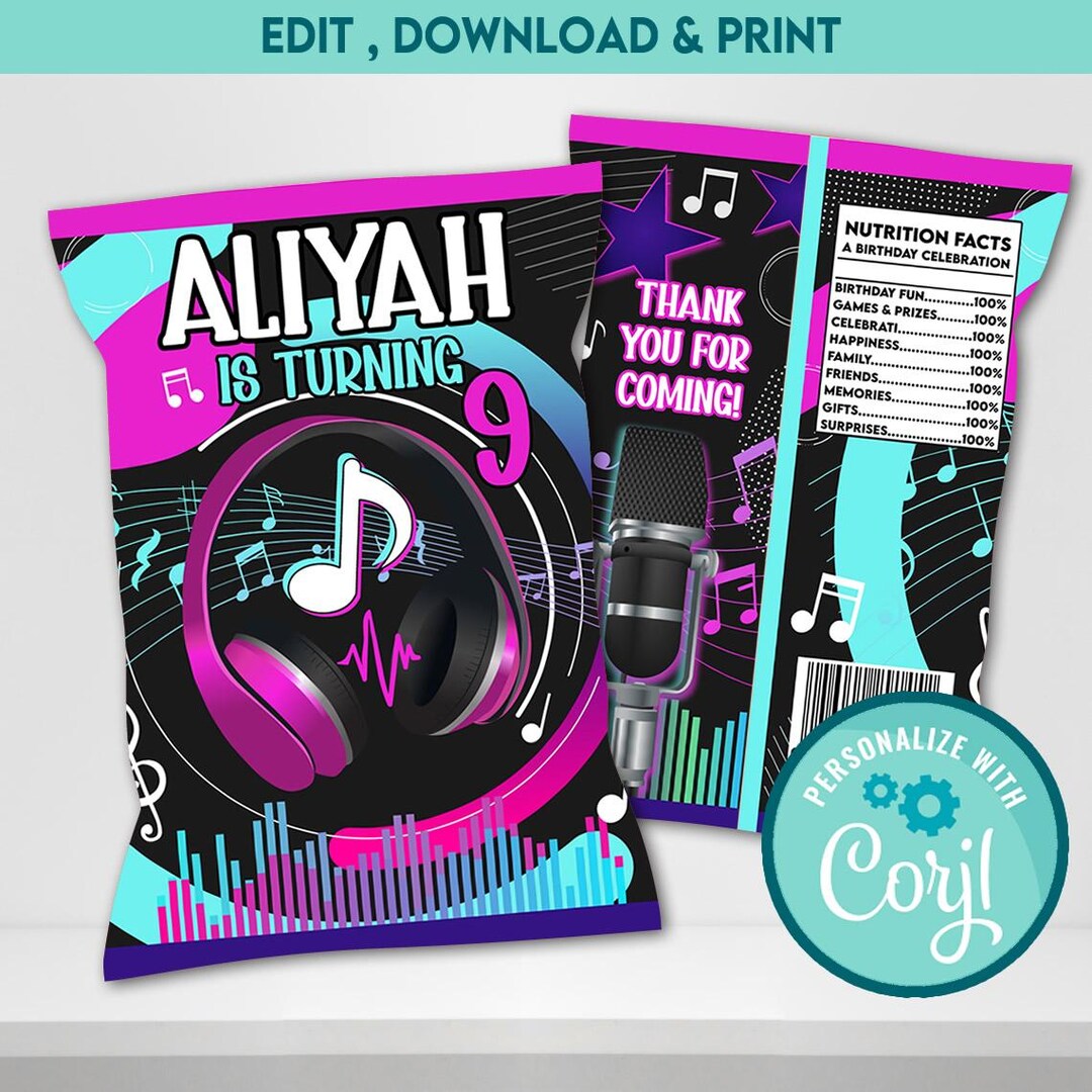 Editable Musical Party Chip Bag Template - Musical Favor Bags for ...