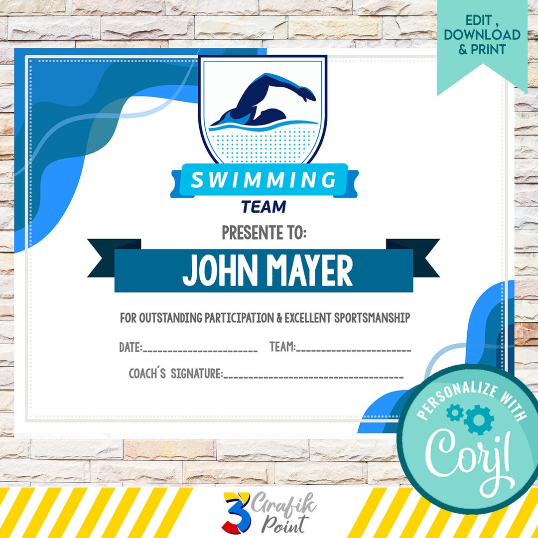 Editable Swimming Award Certificate, Swimming Awards, Editable Award ...