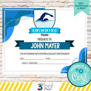 Editable Swimming Award Certificate, Swimming Awards, Editable Award ...