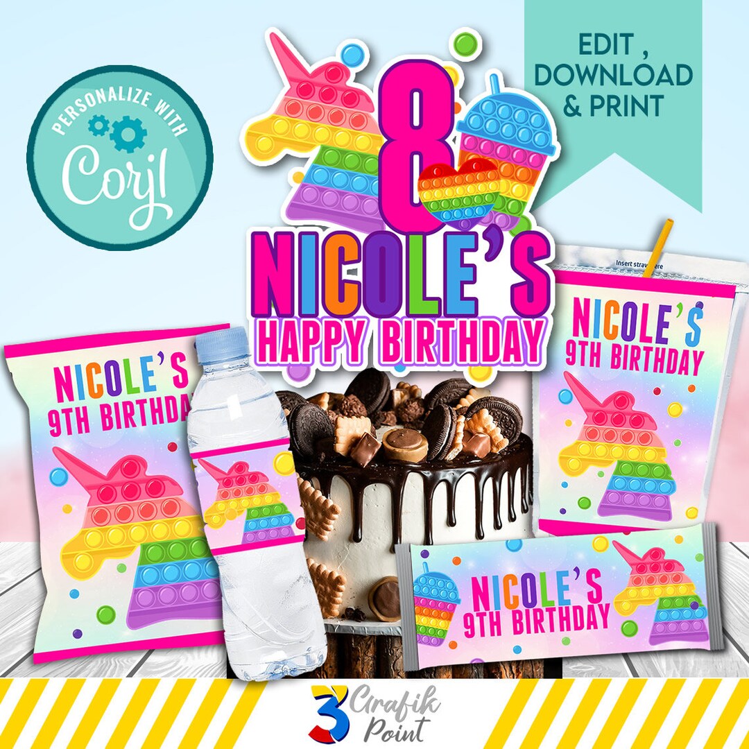 Editable Party Bundle Pop It, Pop Fidget Chip Bag, Pop It Fidget Toy ...