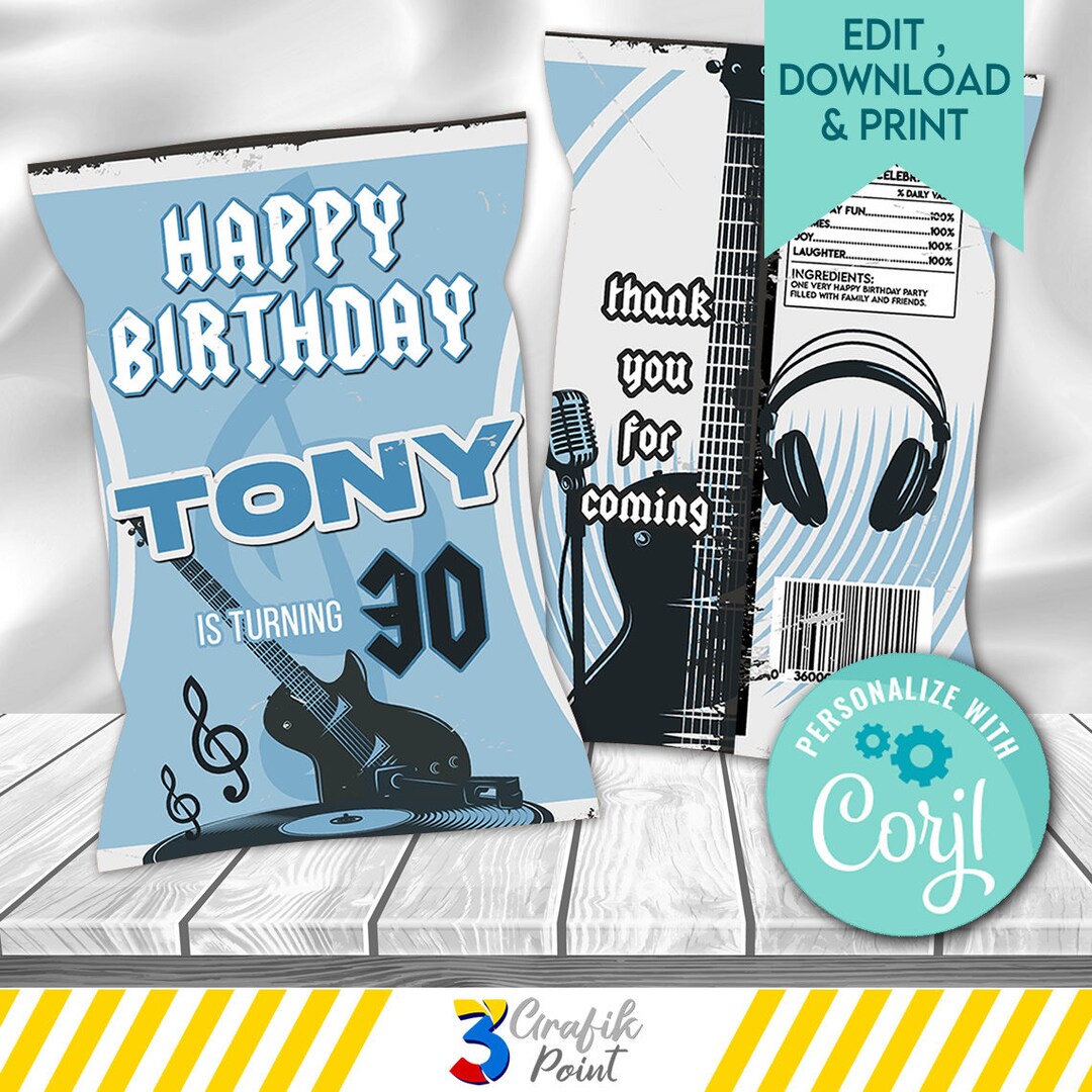Editable Template Rock and Roll Party, Guitar Chip Bag, Music Favor Bag ...