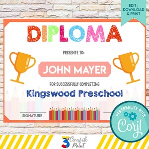 Editable Kindergarten Award Certificate, Kindergarten Diploma, Editable ...