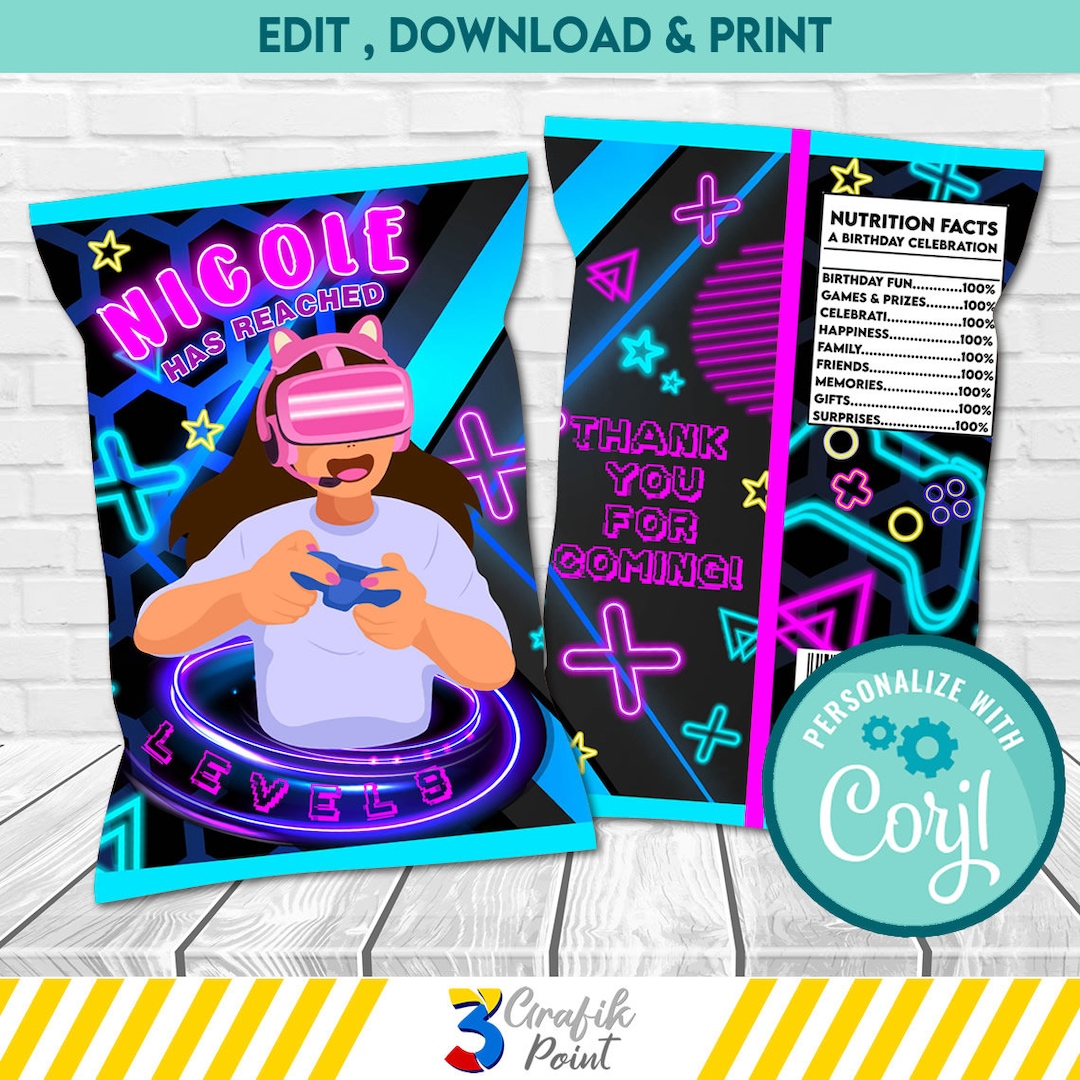 Virtual Reality Chip Bag Template, Girl Vrfavor Bag, Gamer Birthday, VR ...