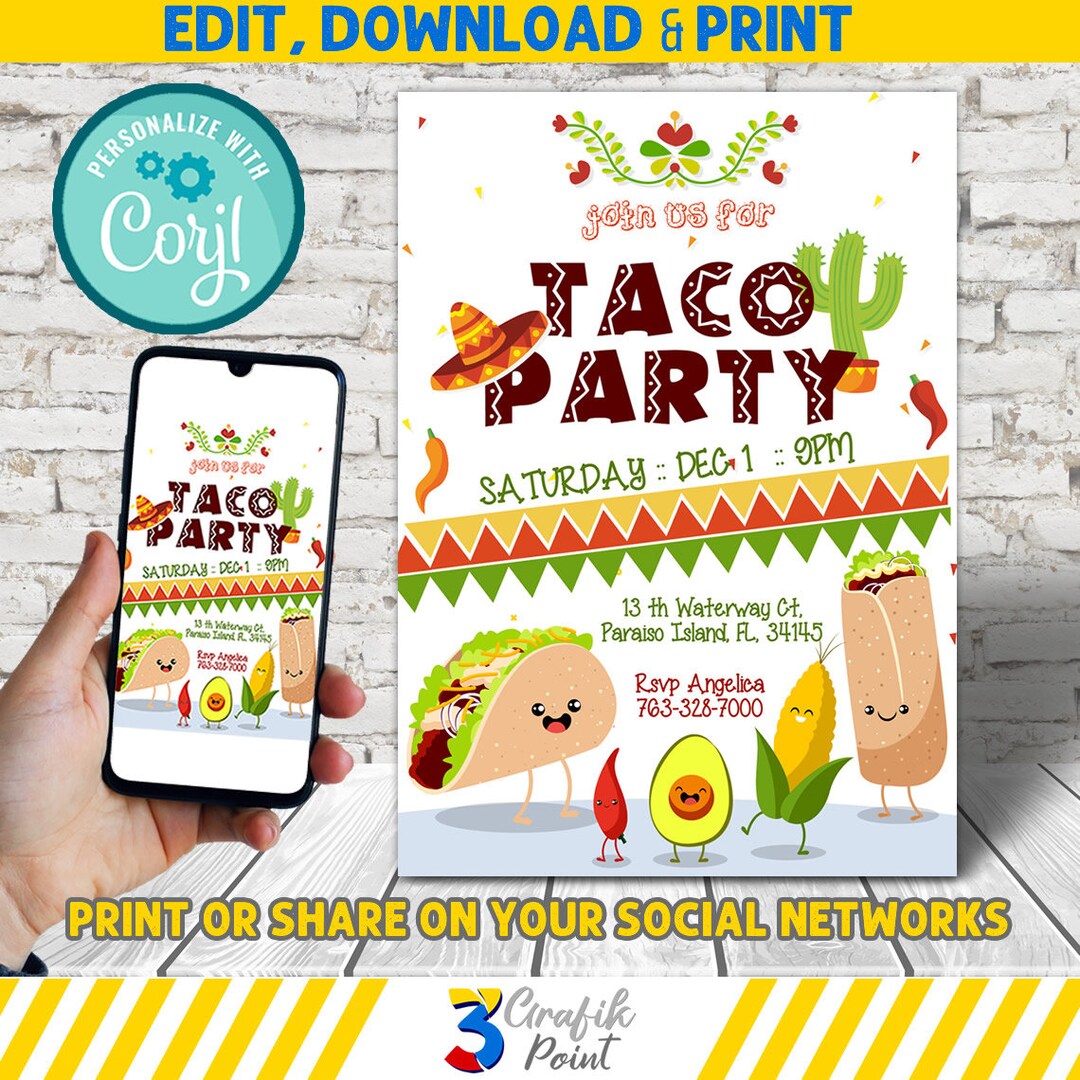 Editable Taco Birthday Invitation: Fiesta Party Invites (digital ...