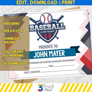 Editable Baseball Award Certificate: End of Season (digital Download ...