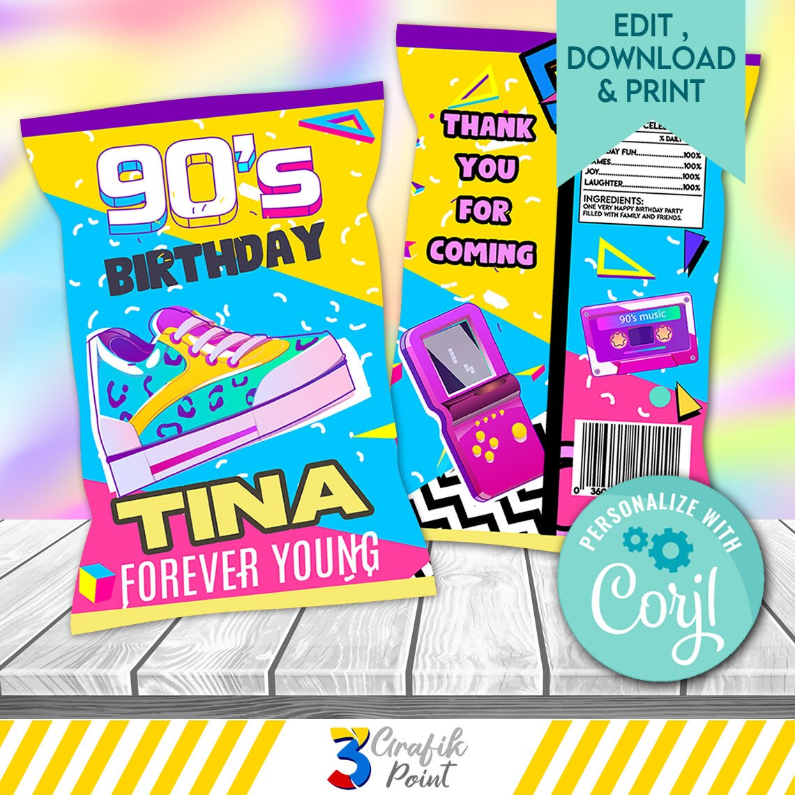 Editable Template 90s Party, Love the 90s, Retro Chip Bag, Back to the ...