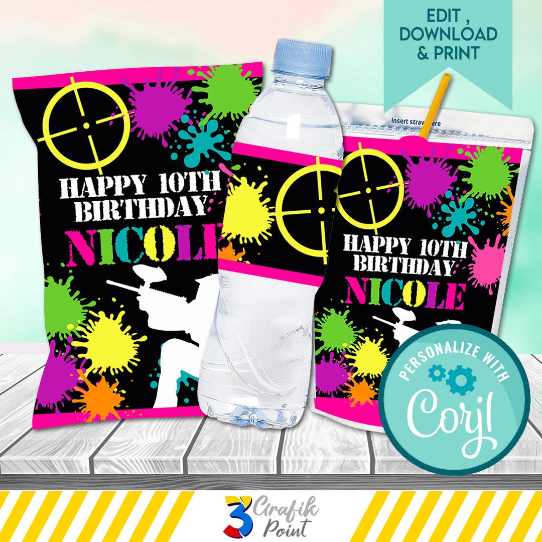 Editable Paintball Party Bundle, Paintball Water, Chip Bag and Juice ...