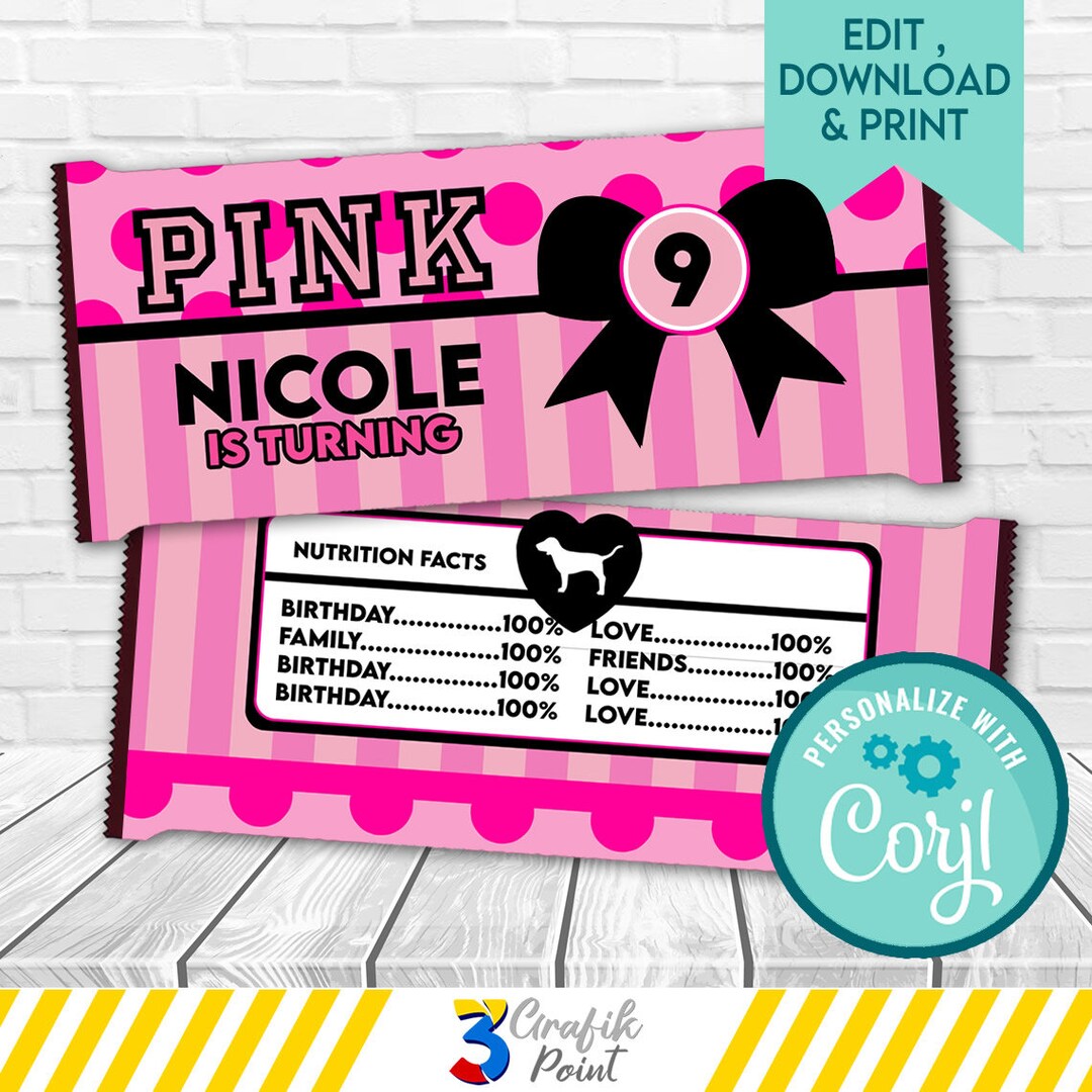 Pink Candy Bar Wrappers Template, Pink Hershey Bar Wrappers, Pink Party ...