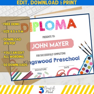 Editable Preschool Award Certificate, Preschool Diploma, Editable Award ...