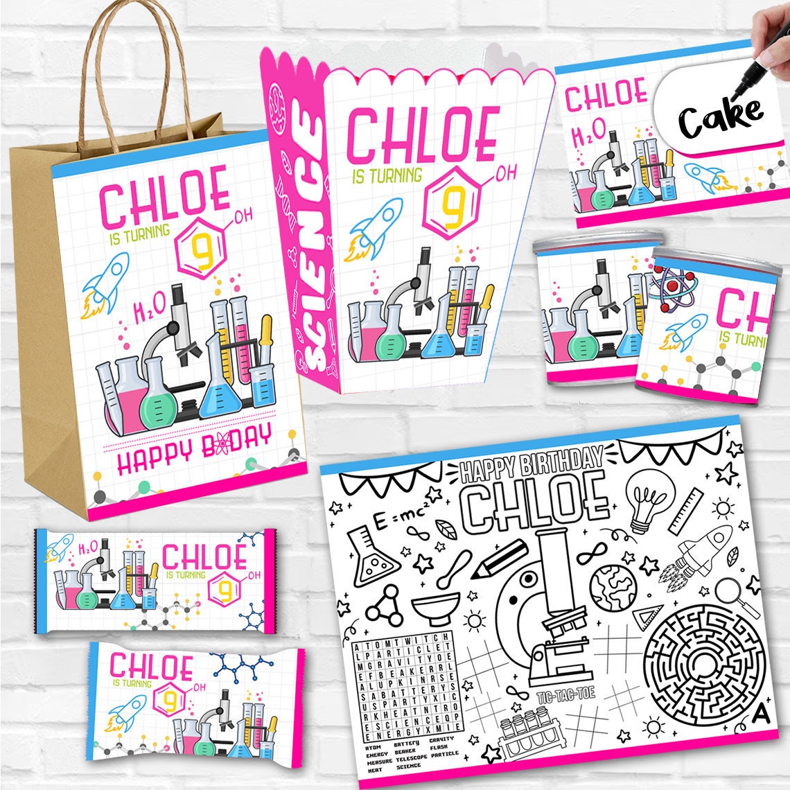 Science Birthday Party Bundle: Neon Lab Chip Bag, Favor Tags (editable ...