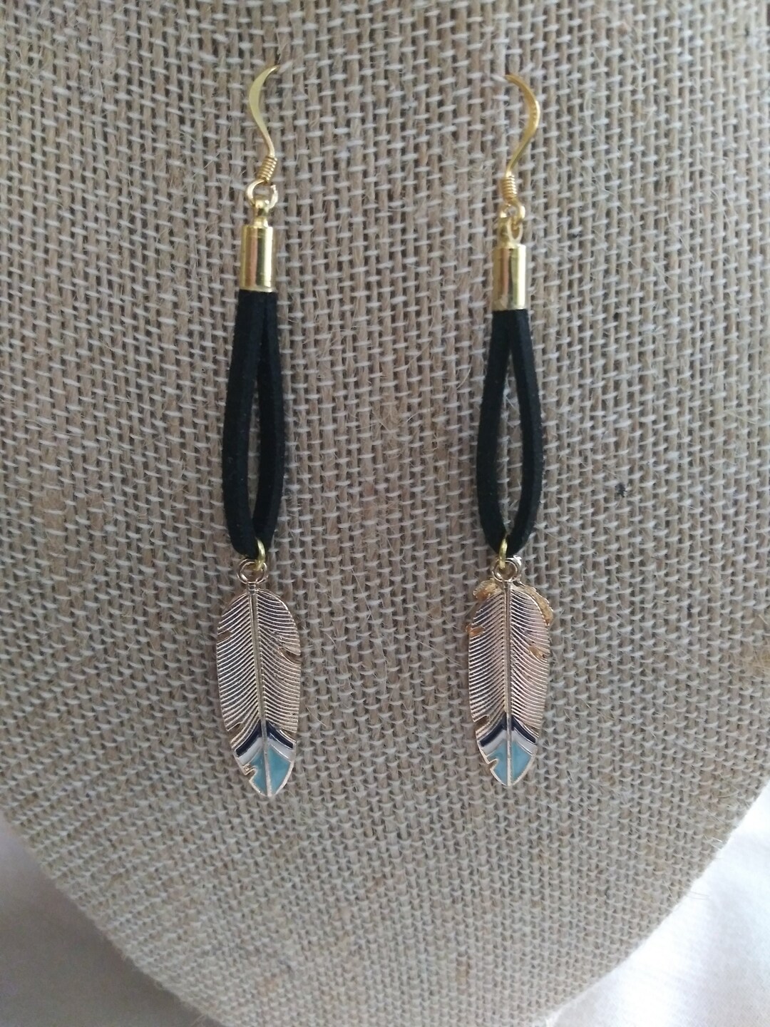 Western Style Feather Dangle, Black Faux Suede, Gold Feather Dangles ...