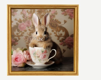 Easter Bunny Baby Rabbit in Tea Cup Farmhouse Peter Rabbit Roses Wall ...